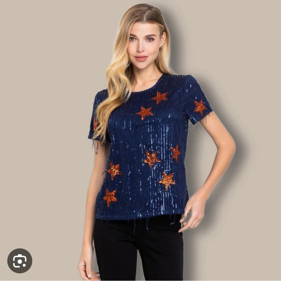 TCEC | Tops | Nwt Blue Shirt With Orange Sequin Stars | Poshmark